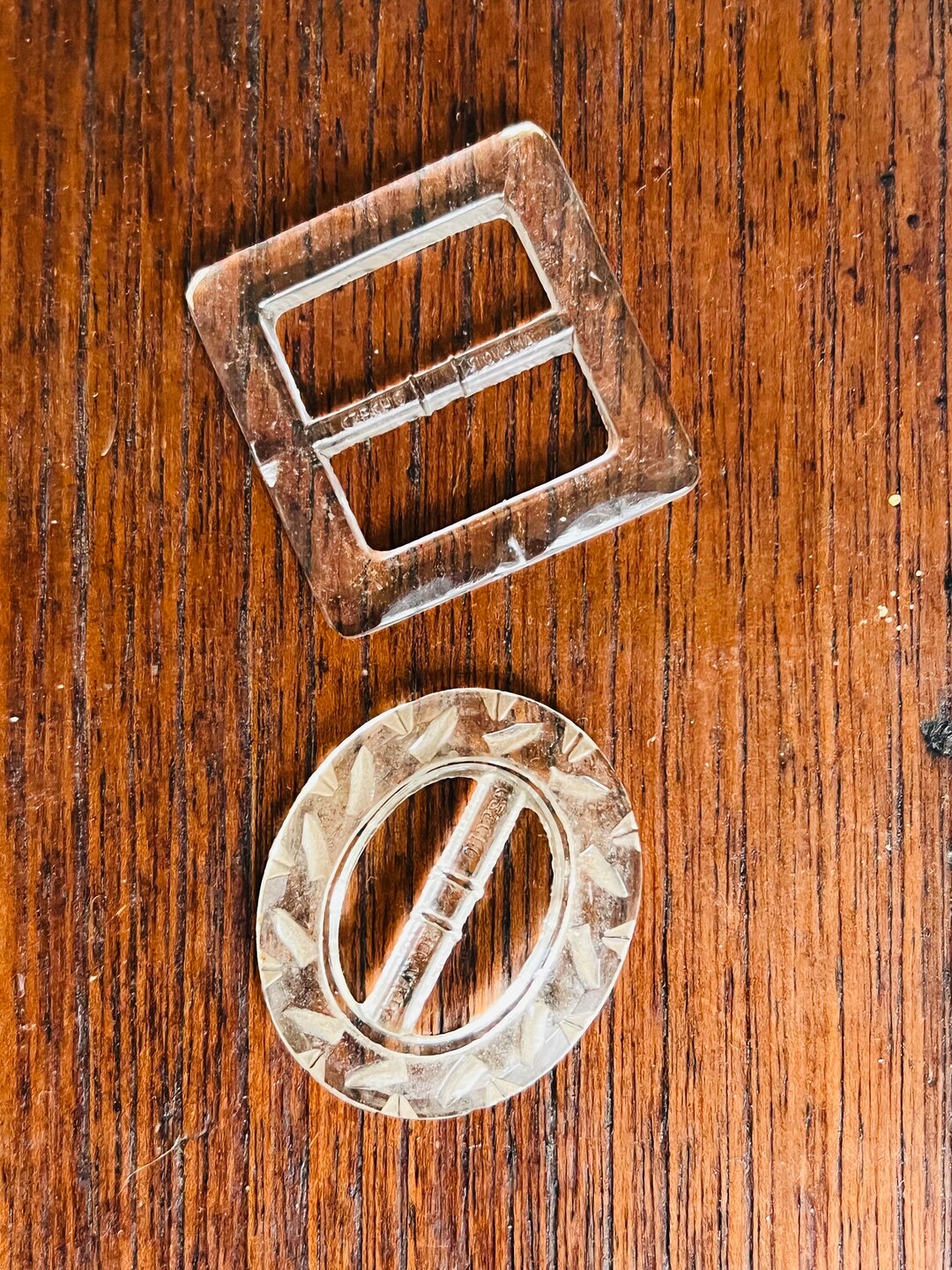 Two Vintage Medium Oval and Square Clear Glass Etched Buckles, Glass ...