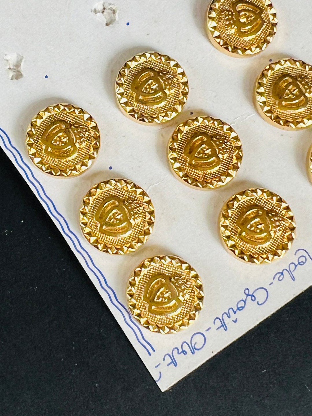 Nine Matching Vintage Gold Tone Metal French Buttons on Card, 15 Mm ...