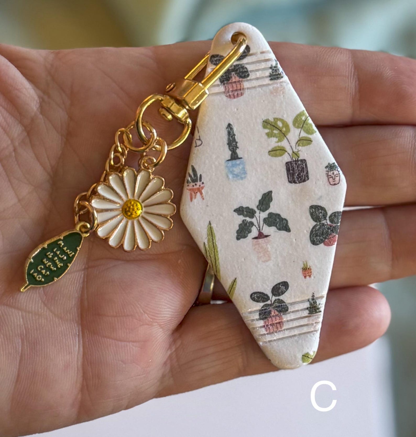 Flower Pot Motel Keychain, Polymer Clay, Gold Keychain Set With Flower ...