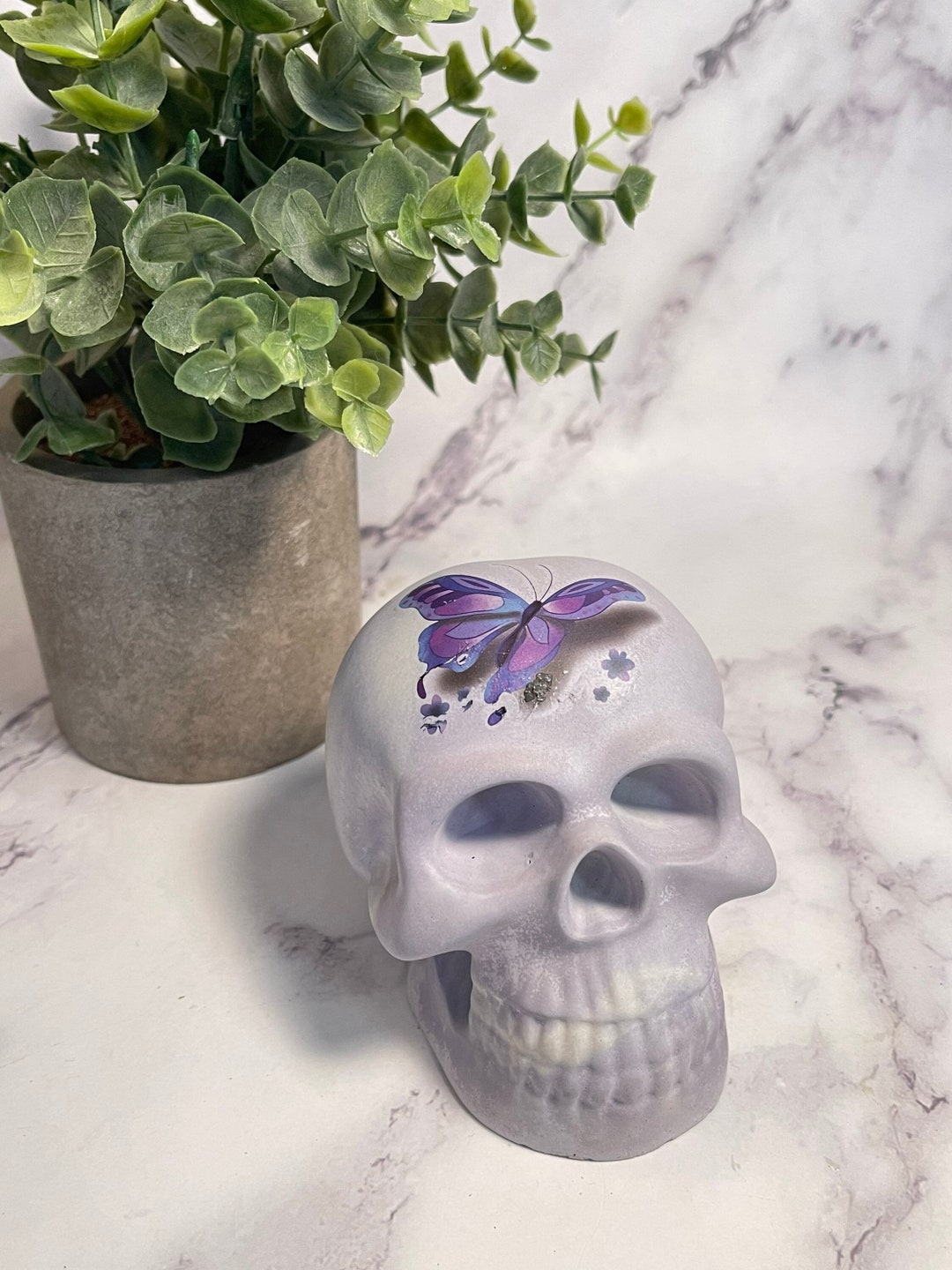 Concrete Skull With Butterflies, Skull Decor, Sunflower Skull, Goth ...