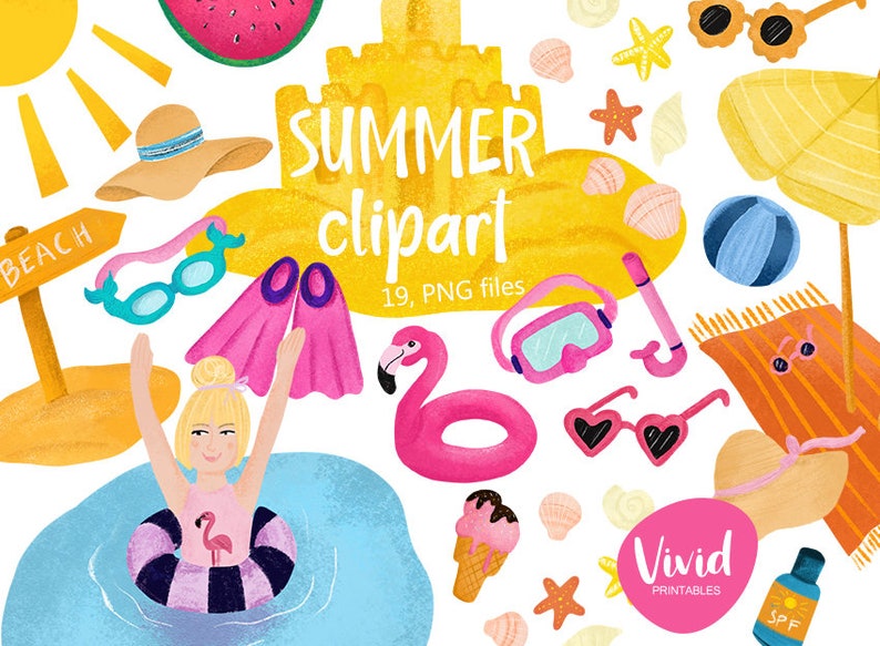 Summer Clipart Set, Beach Illustrations, Fun and Colorful Summer ...