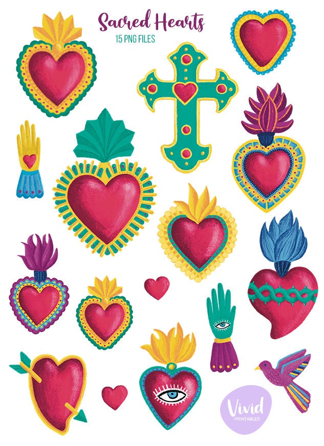 Sacred Hearts Clipart Set, Instant Digital Download, Mexican Folk ...