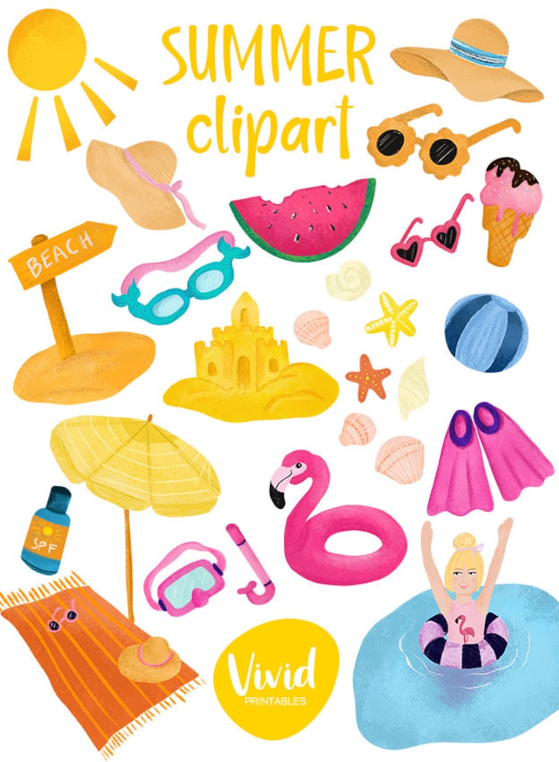 Summer Clipart Set, Beach Illustrations, Fun and Colorful Summer ...