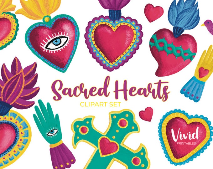 Sacred Hearts Clipart Set, Instant Digital Download, Mexican Folk ...