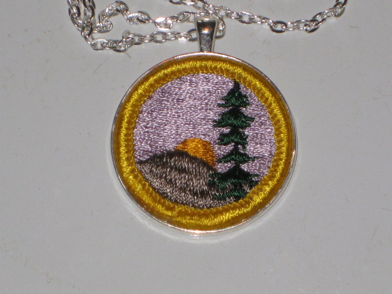 Hiker Badge Necklace Girl Scout Cadette Sunset Evergreen Tree Hill Path ...