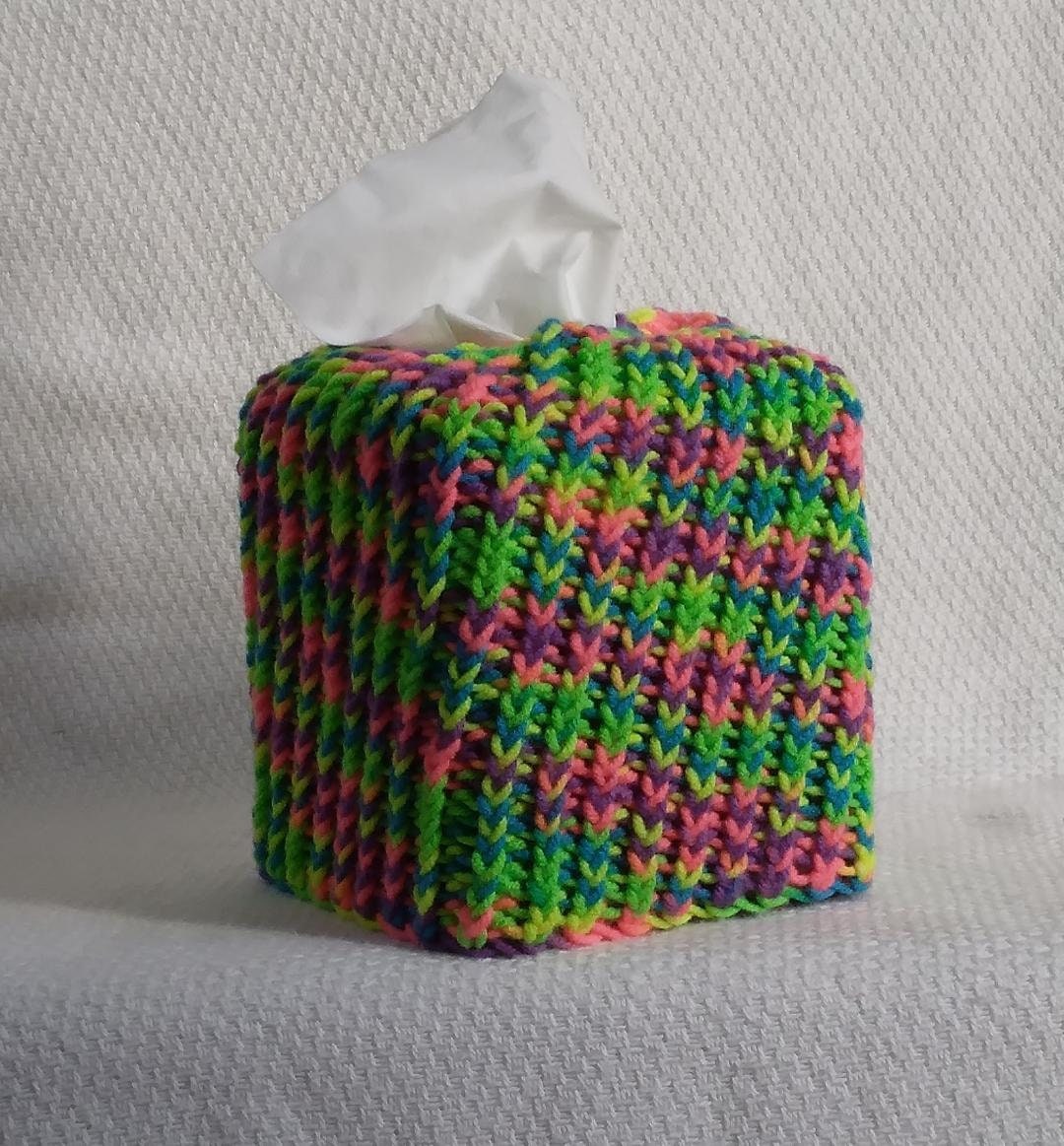 Hand Knitted Tissue Box Cover in Neon Tie-dye - Etsy