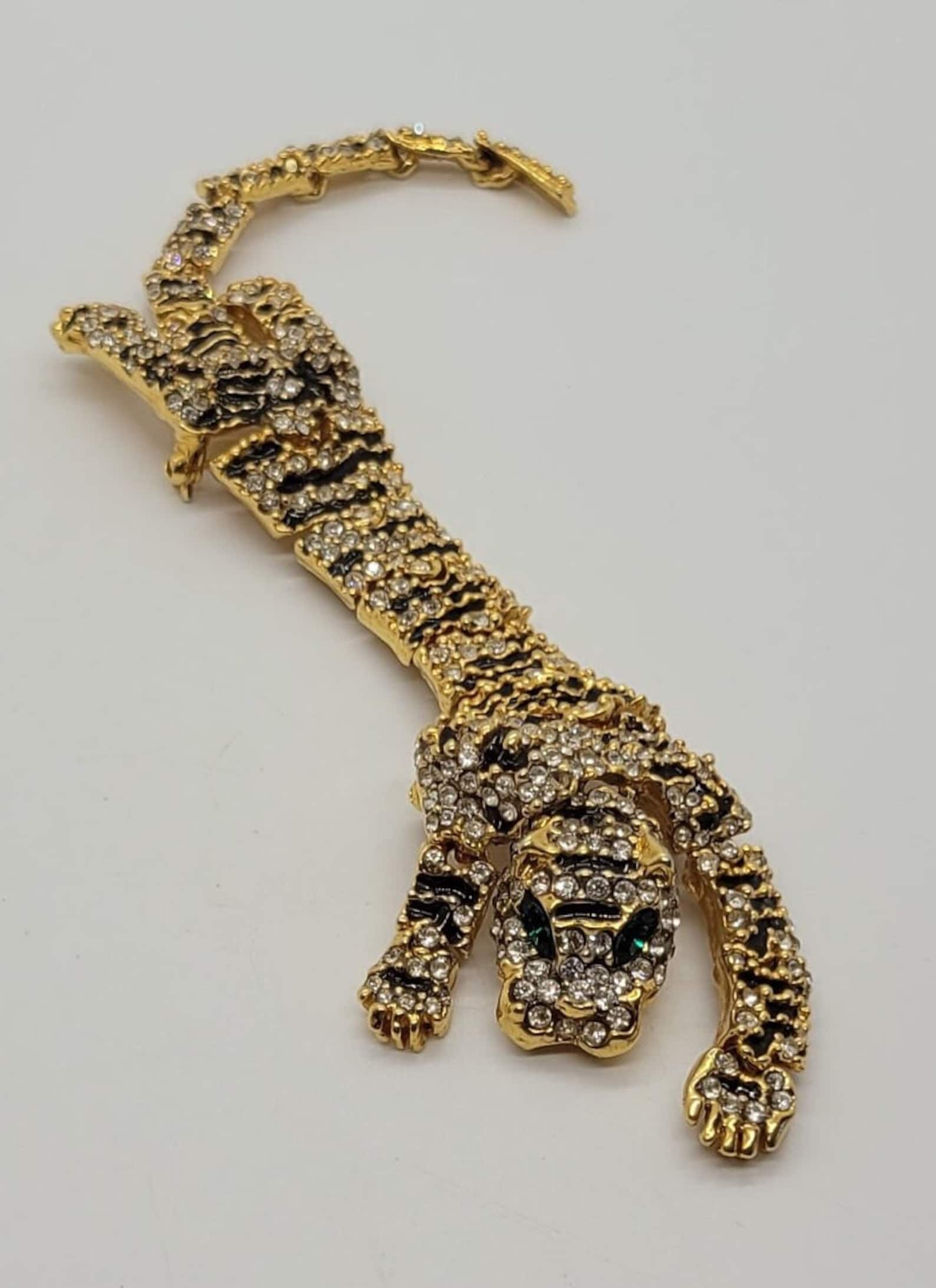 Vintage Articulated Tiger Gold Tone Shoulder Brooch With Rhinestones ...