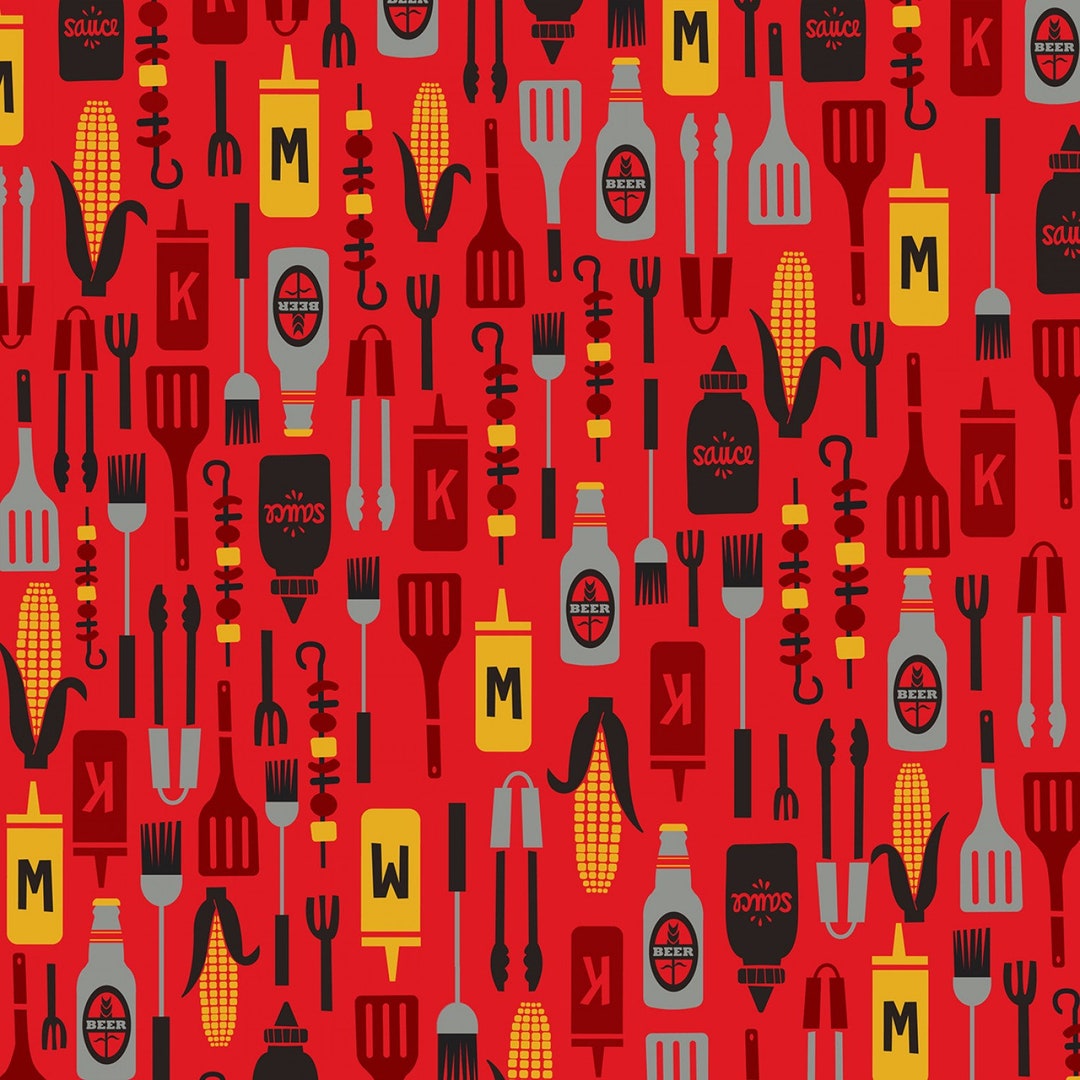 Fabric With Red BBQ Utensils Fabric - Peace, Love & BBQ by Henry Glass ...
