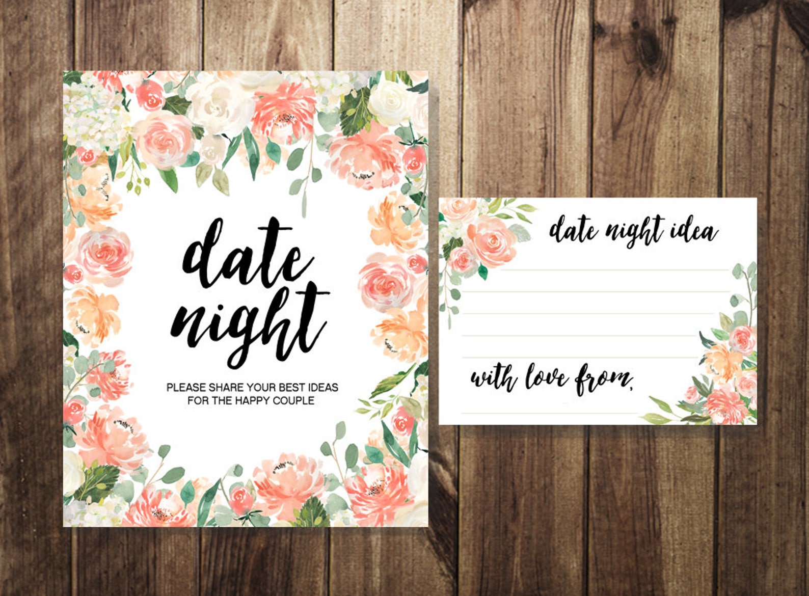 Date Night Idea Printable Sign and Cards, Bridal Shower Games, Wedding ...