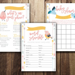 Birds and Arrows Baby Shower Game Pack Spring Dreamcatcher Feather Her ...