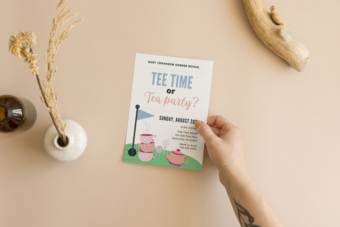 Tee Time or Tea Party Gender Reveal Party Invitation, He or She Party ...