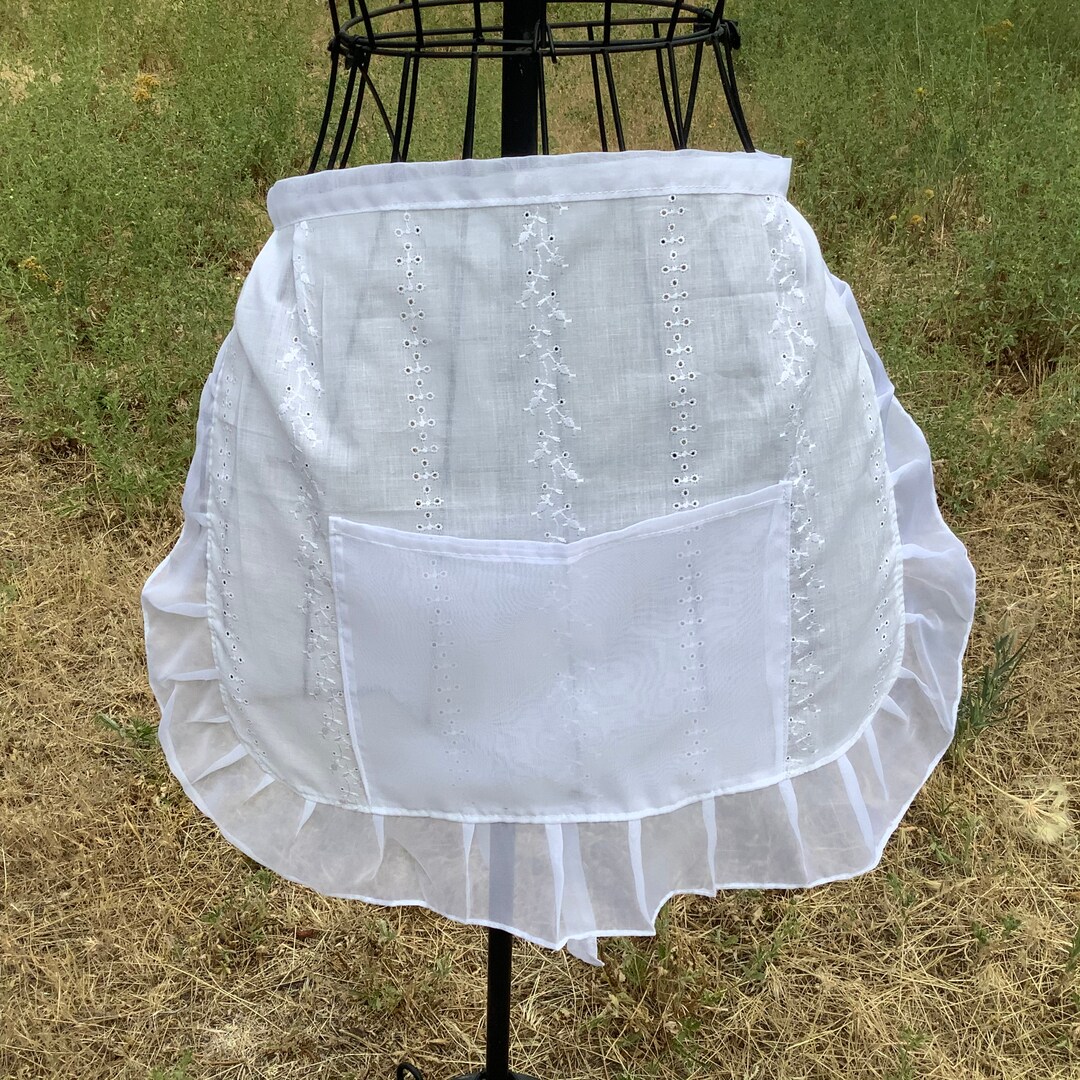 White Eyelet Apron With Lace Ruffles, Cute Half Apron, White Maid Apron ...
