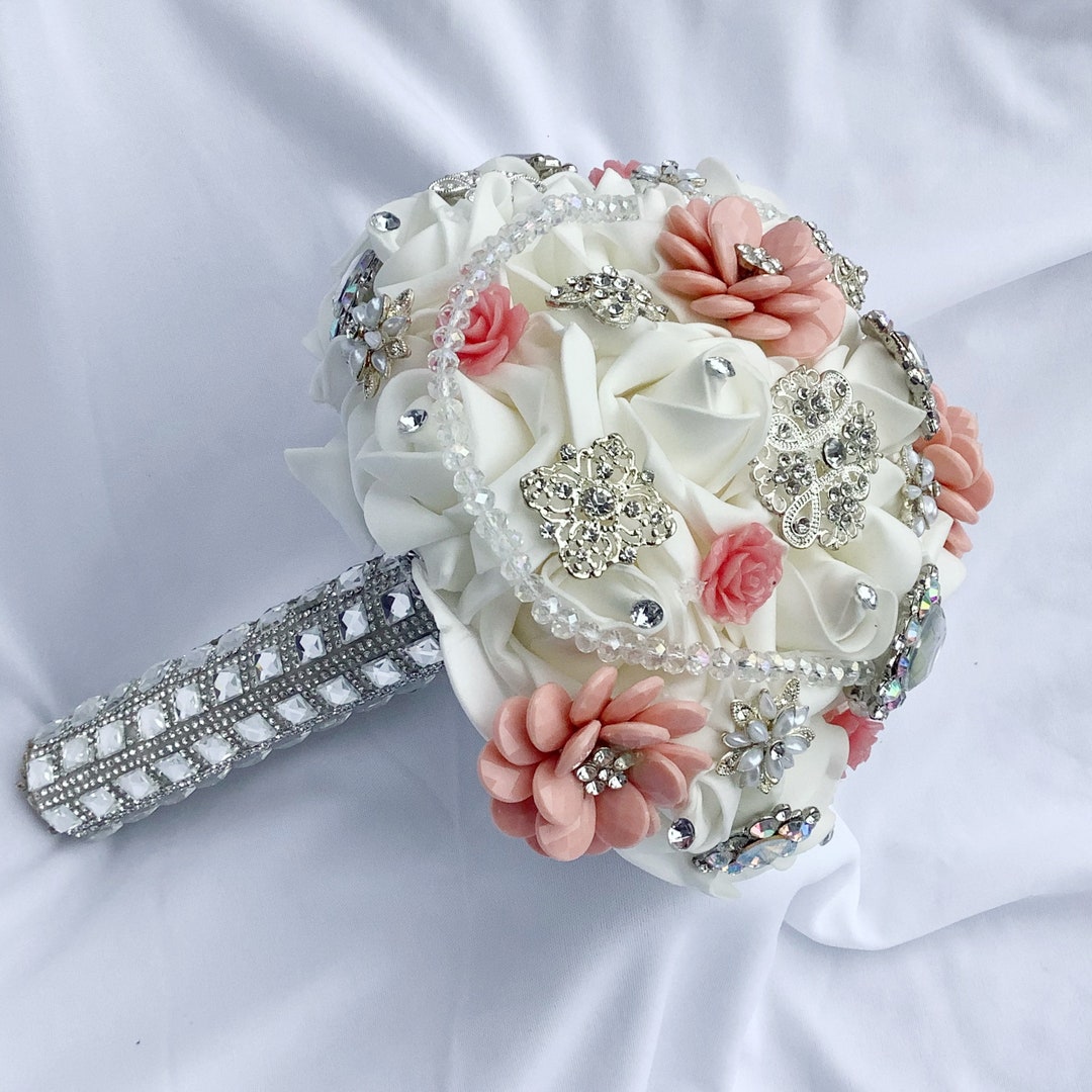 Bling Small Bedazzled Brooch Bouquet Flower Girl Bouquet Coral ...