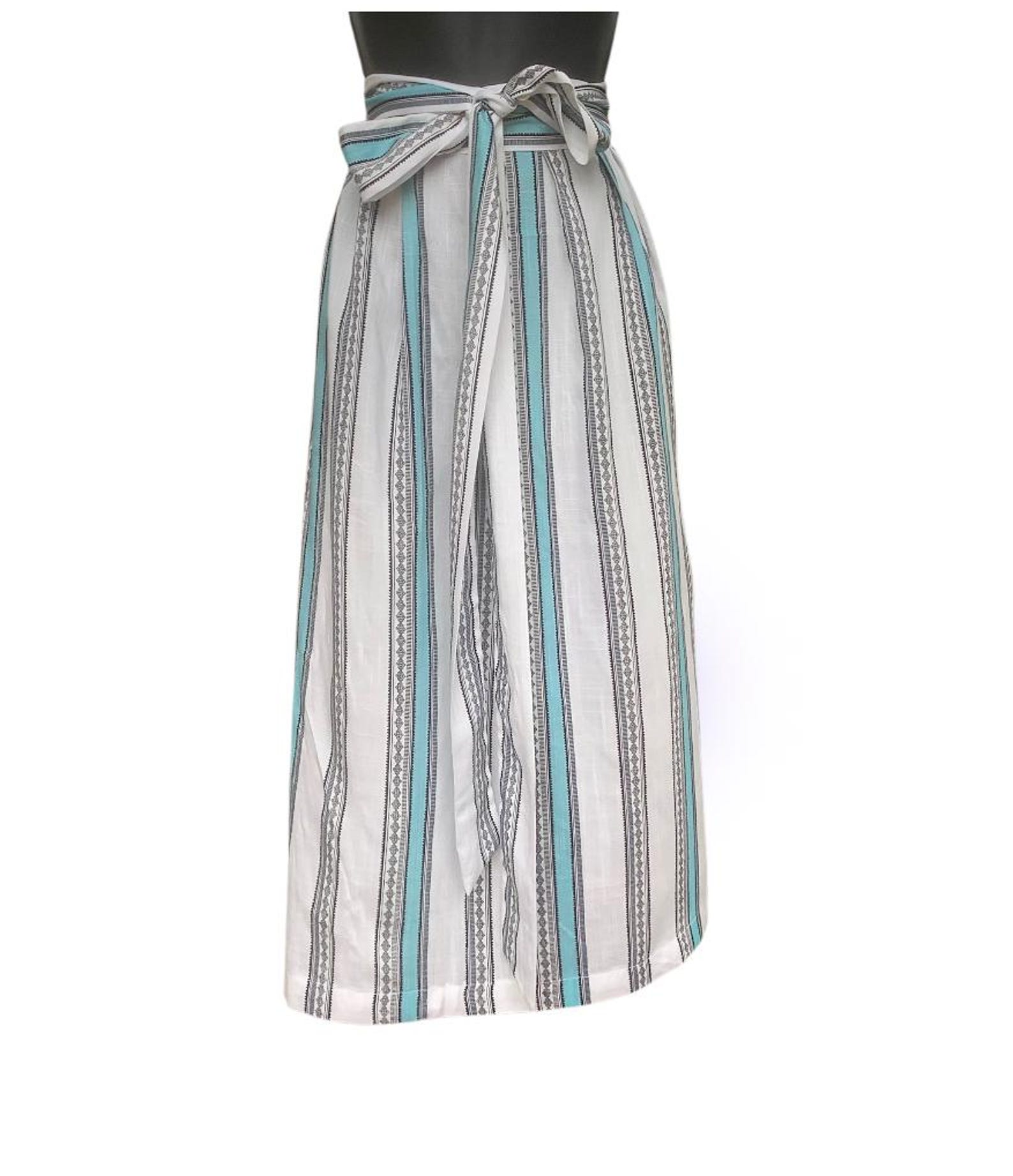 White Striped Dirndl Apron, Blue Long Half Apron With Border Woman ...