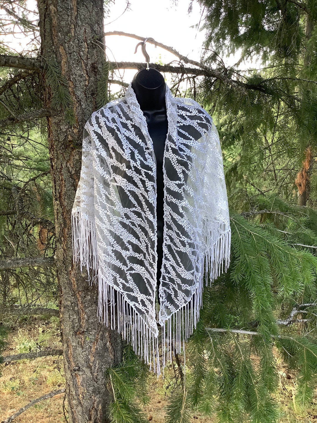 White Lace Shawl With Fringe, Large Sparkly Sequins Wedding Shawl ...