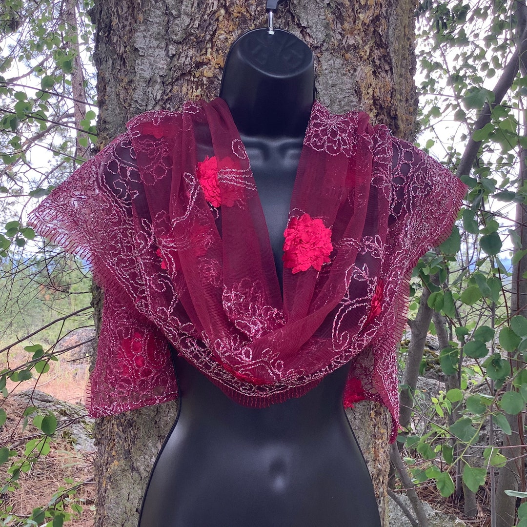 Evening Lace Shawl for Women, Dark Red Long Lace Shawl, Burgundy Lace ...