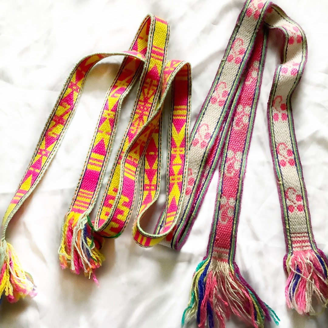 Set of 2 Bright Color Tablet Weaving Belt, Bright Pink Loom Woven Belt ...