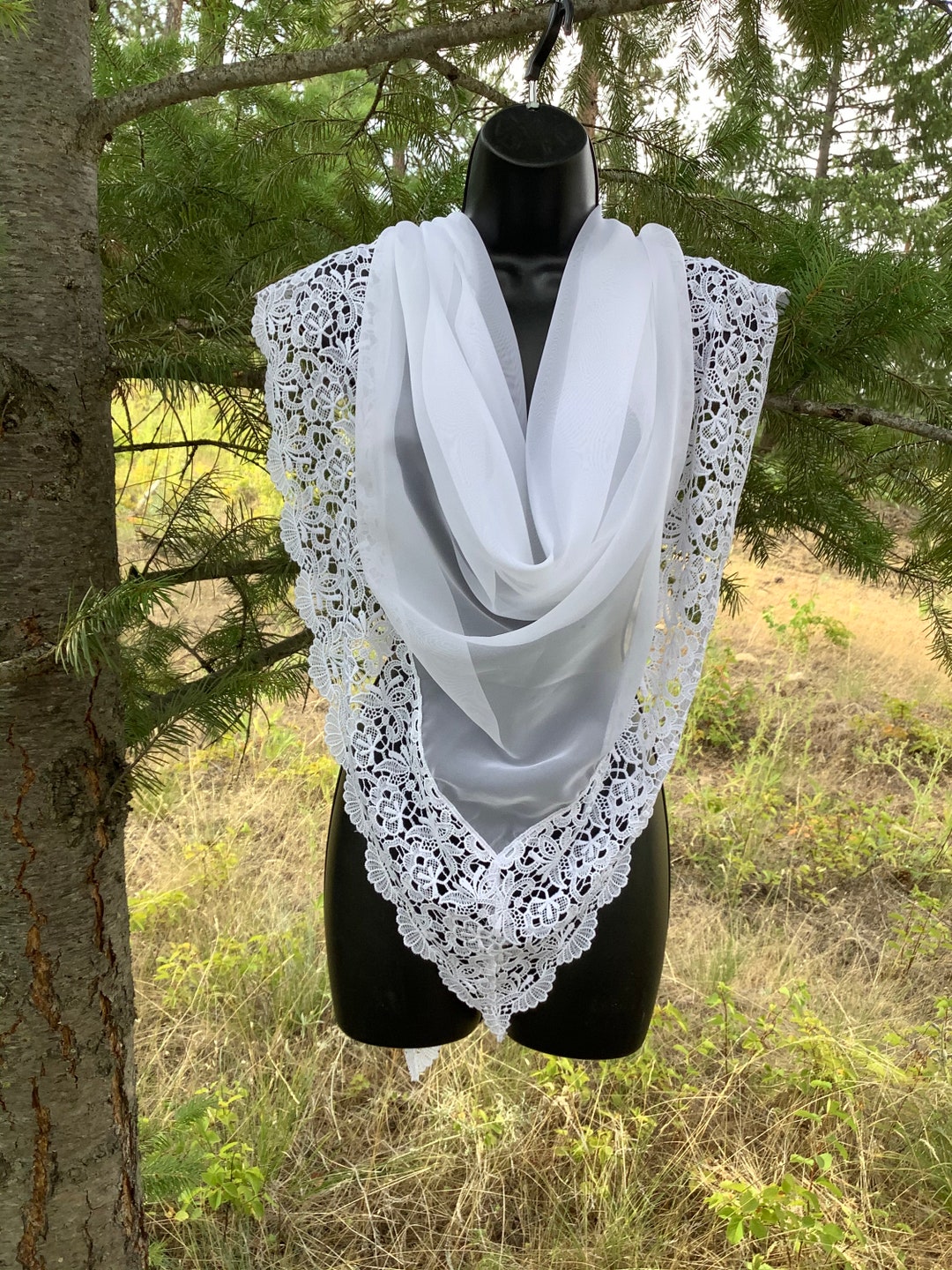 White Sheer Wedding Shawl for Brides, White Lace Chiffon Triangle Shawl ...