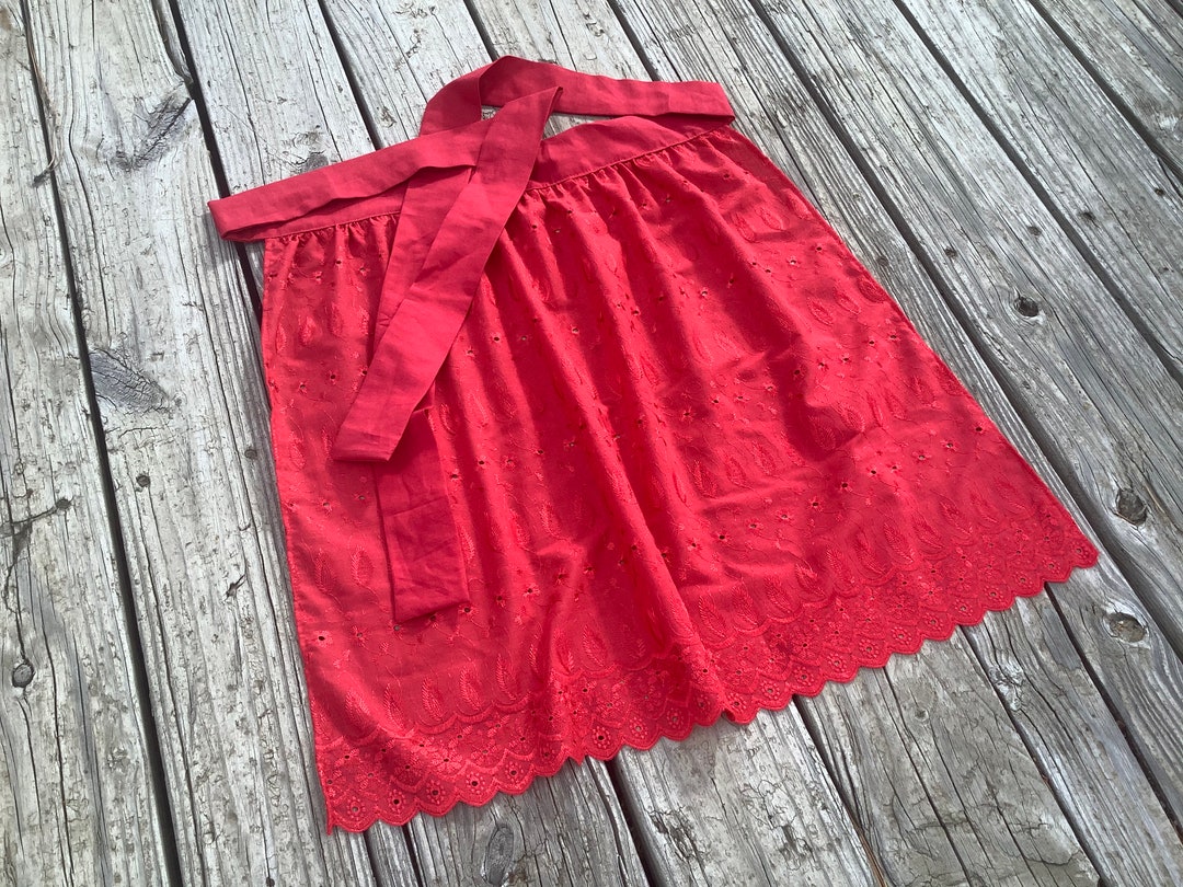 Bright Red Fabric Apron Flower Border, Eyelet Fabric Red Half Apron ...