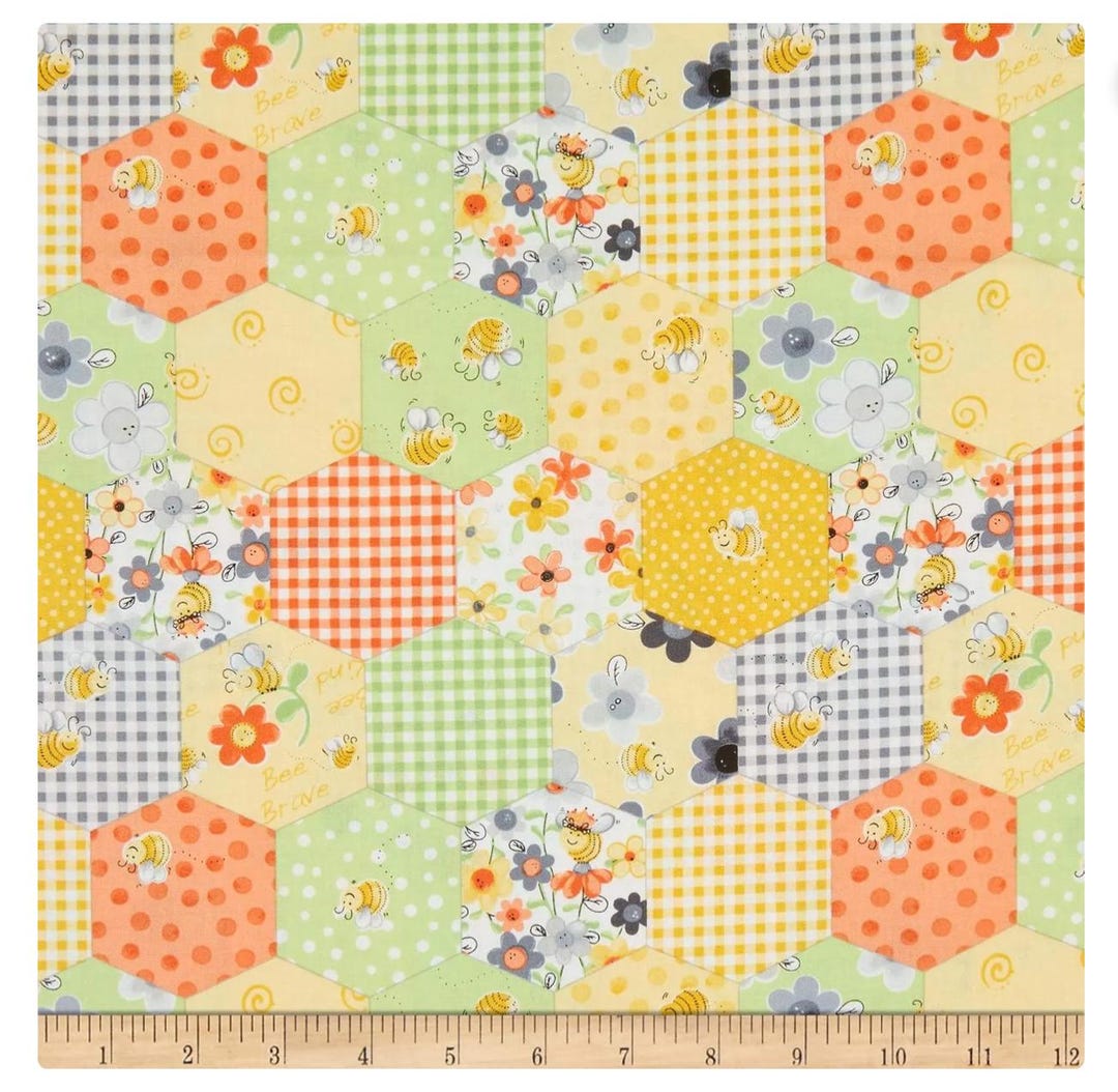1 Yard ~ Sweet Bees Honeycomb Patchwork by Susybees for Clothworks SB20364 Yellow Hexagon Floral ...