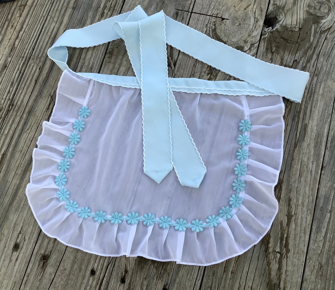 White Sheer Apron With Ruffles & Blue Ribbon Straps, Cottage-core Apron ...