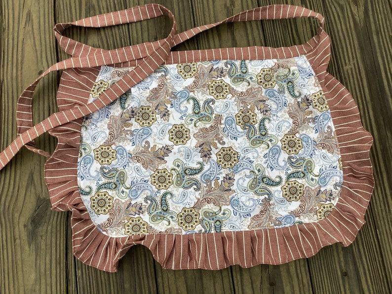 Blue, Tan Paisley Ruffles Apron, Tea Party Waist Apron, Gift Ideas for ...