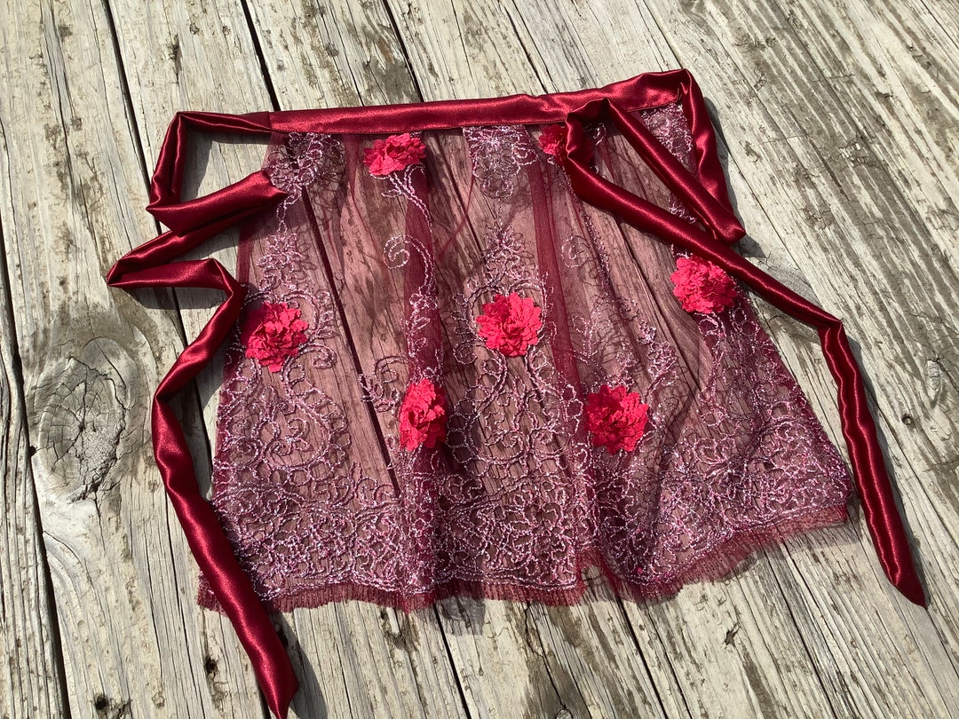 Dark Red Lace Fabric Apron With 3D Flower Deep Red Half Waist Apron ...