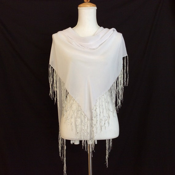 White Chiffon Shawl With Fringe Wedding White Shawl Outdoor | Etsy