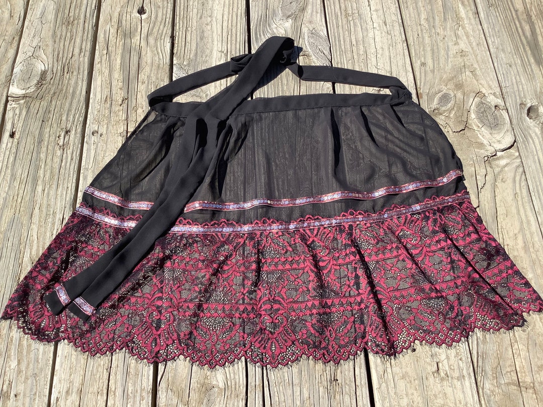 Dark RED Lace Ruffle on Black Chiffon Apron, Bridal Shower Apron, Gift ...