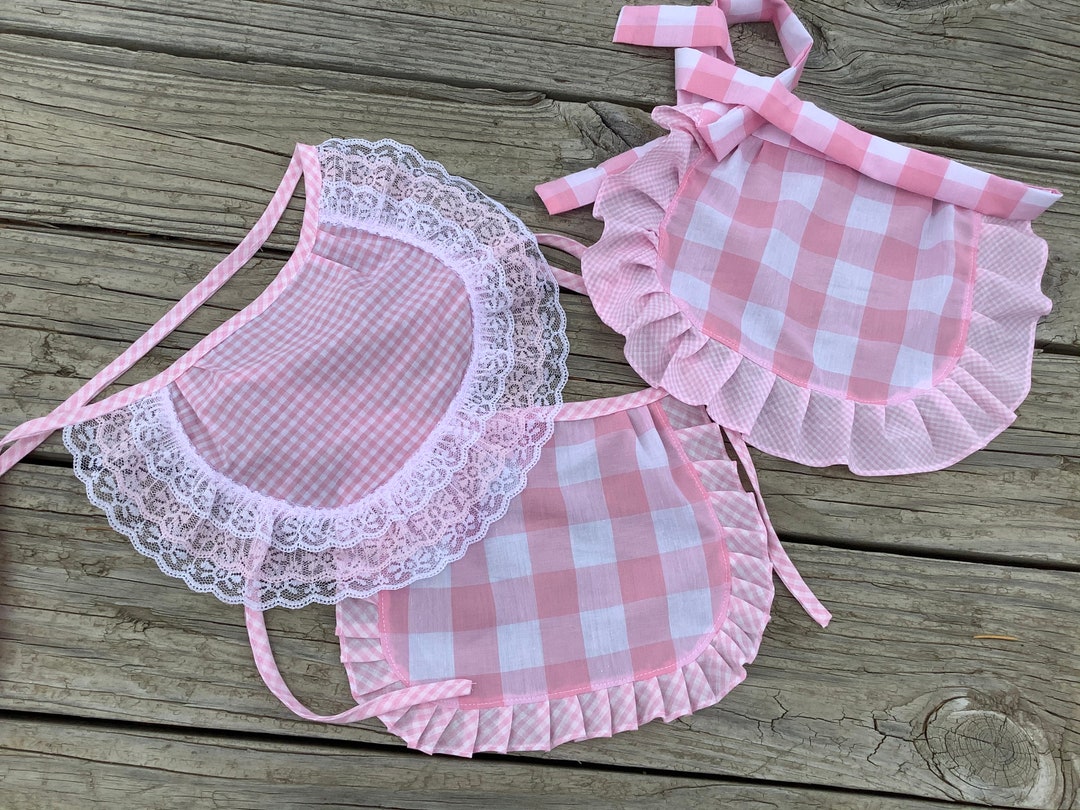 Pink White Checkerboard Apron, Lace Ruffle Pink Apron, Small Apron for ...
