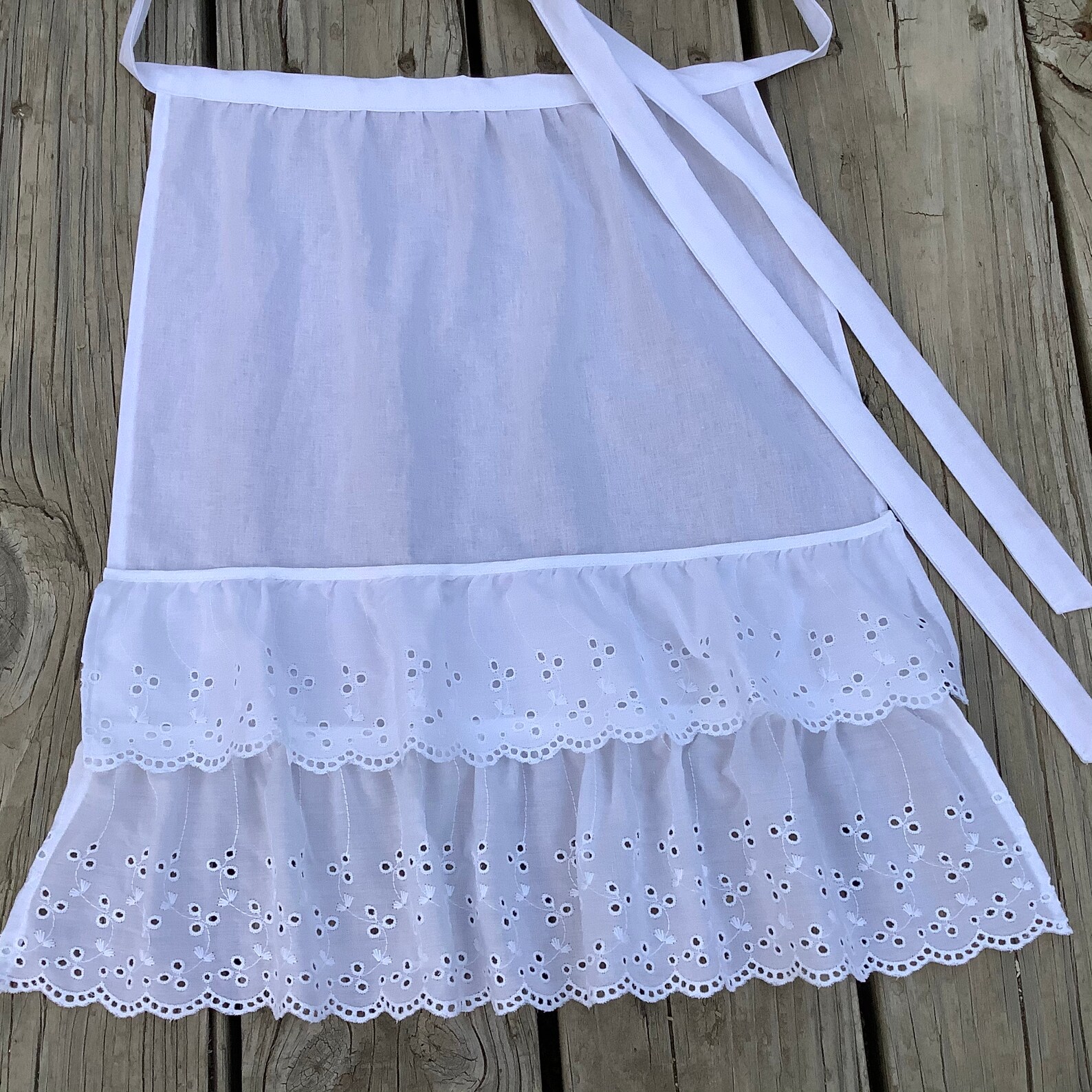White Eyelet Apron with double Ruffle White Apron Long Apron | Etsy