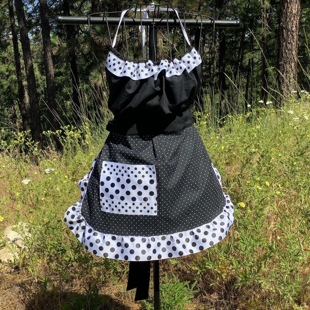 Full Black Apron With Ruffles, Old Fashioned Retro Apron, Black Polka ...