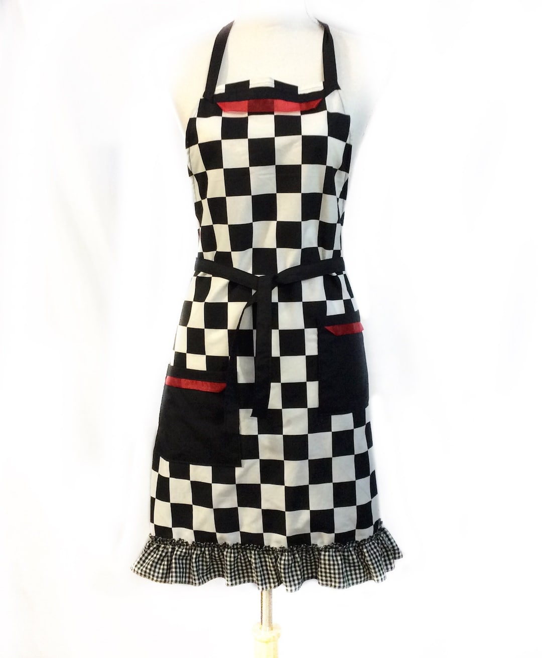 White Black Buffalo Plaid Apron With 2 Pockets Tea Party Full Apron for ...