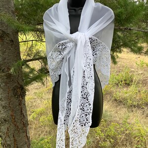 White Sheer Wedding Shawl for Brides, White Lace Chiffon Triangle Shawl ...