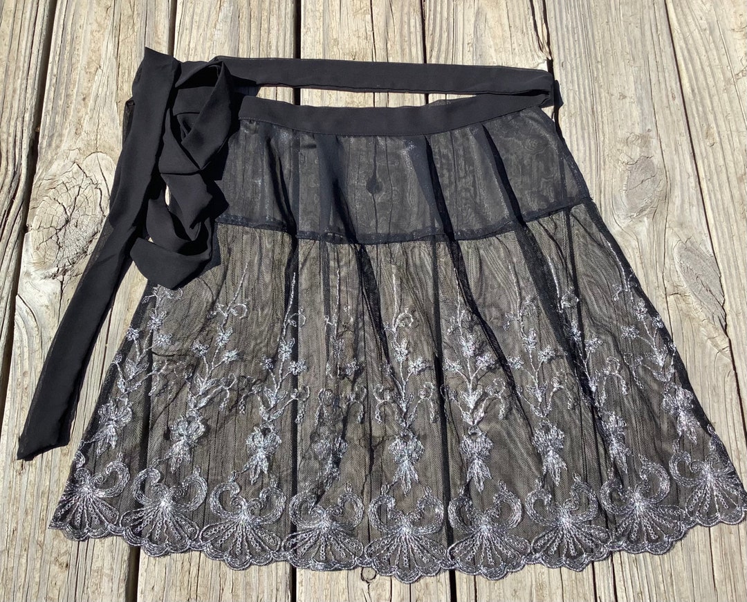 Extra Wide Lace Ruffle Black Apron, Sheer Black Half Apron With Lace ...