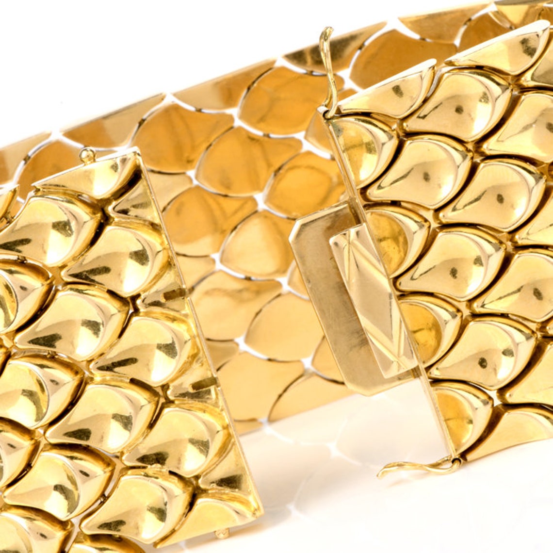 Vintage Retro 18K Yellow Gold Wide Fish Scales Link Bracelet-103.8grams ...