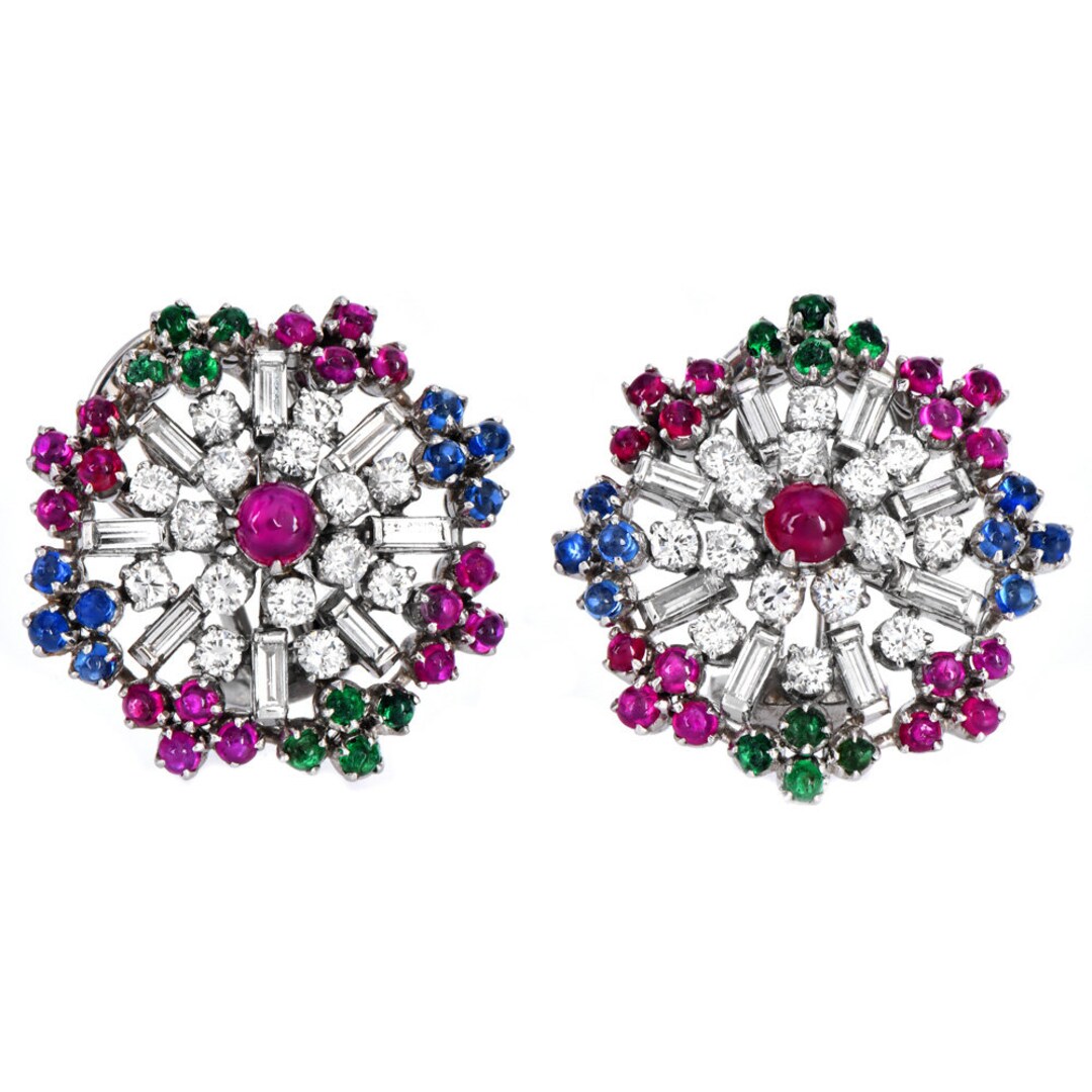 Vintage Platinum Pinwheel Gemstone and Diamond Floral Earrings - 6.17 ...