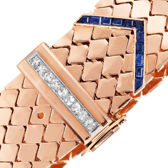 Vintage Diamond Sapphire 14K Rose Gold Retro Wide Bel… - Gem