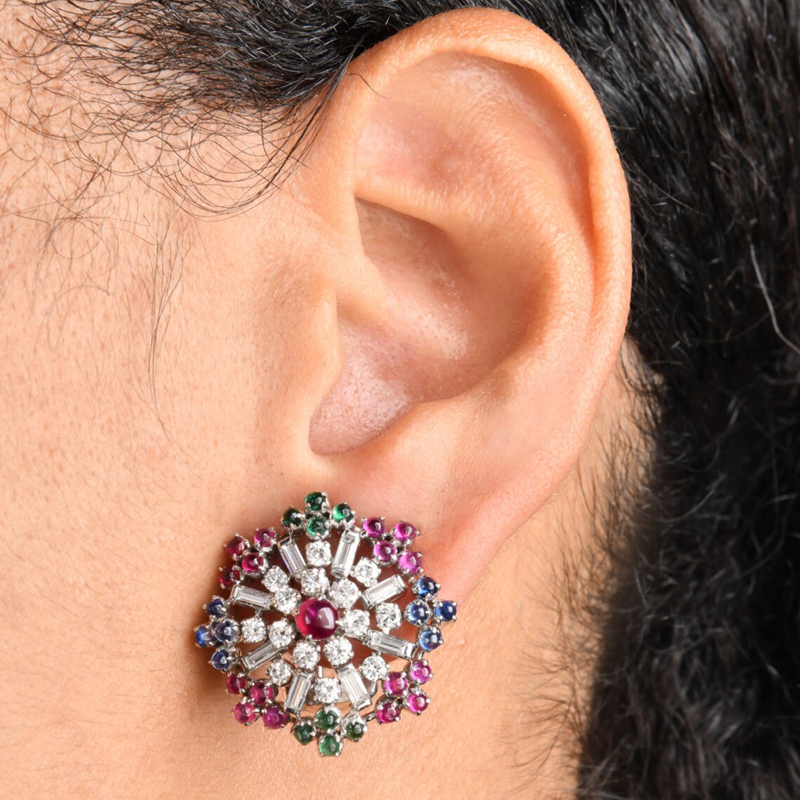 Vintage Platinum Pinwheel Gemstone and Diamond Floral Earrings 6.17 ...