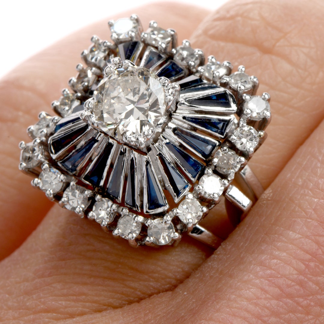 Vintage Diamond Sapphire Square Pinwheel Platinum Cocktail Ring - Etsy