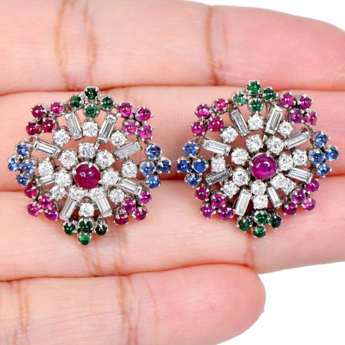 Vintage Platinum Pinwheel Gemstone and Diamond Floral Earrings 6.17 ...