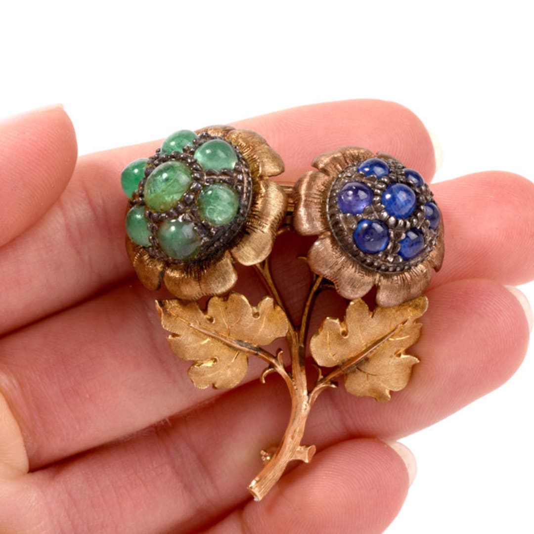 Buccellati Vintage Emerald Sapphire Yellow Gold Floral Pin - Etsy