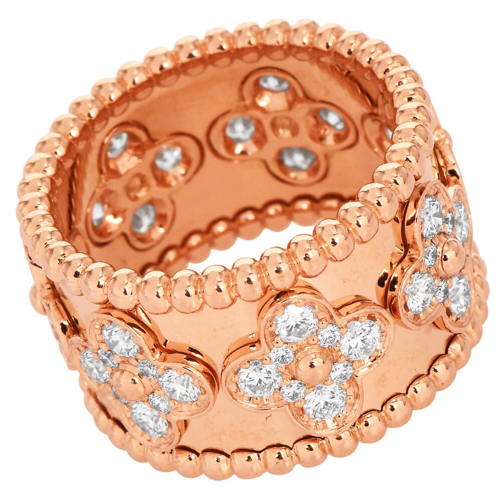 Estate Van Cleef & Arpels Perlée Clover Diamond 18K Rose Eternity Ring ...