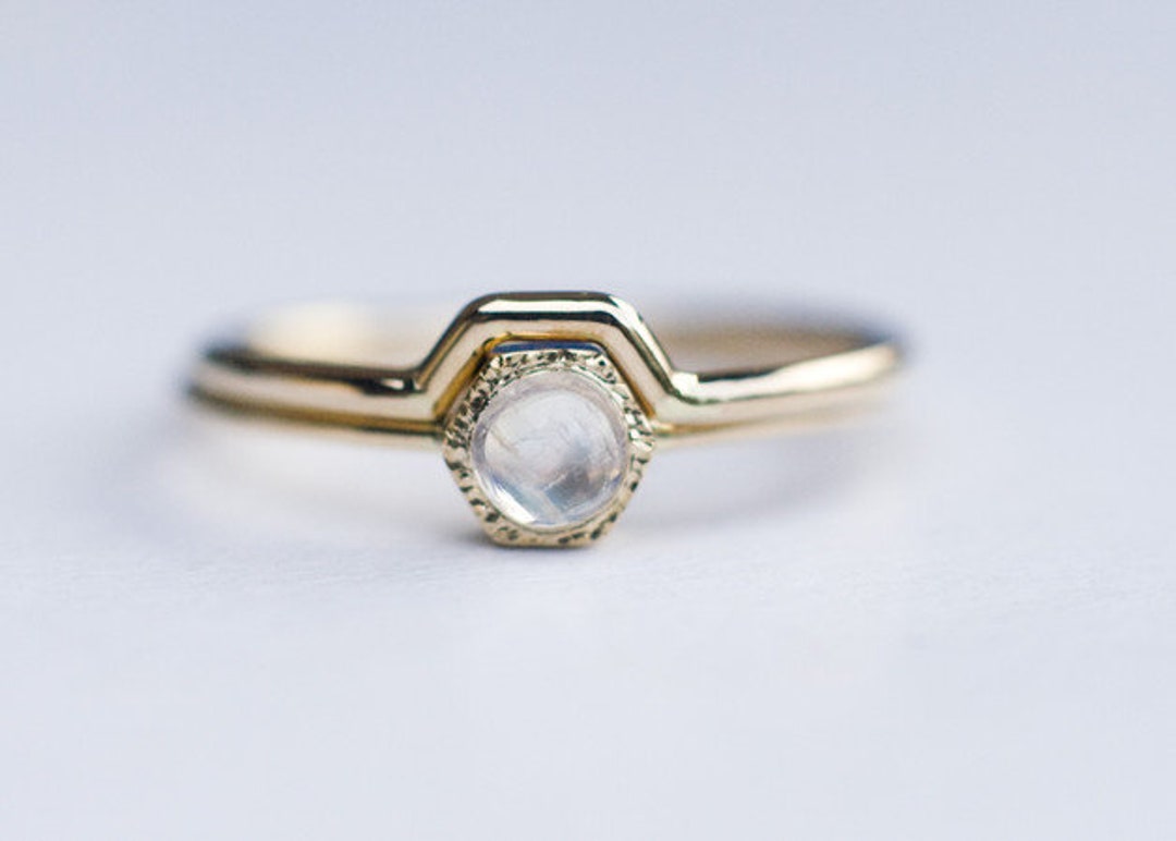 Moonstone Wedding Ring Set, Hexagon Moonstone Bridal Set, 14k/18k Gold ...