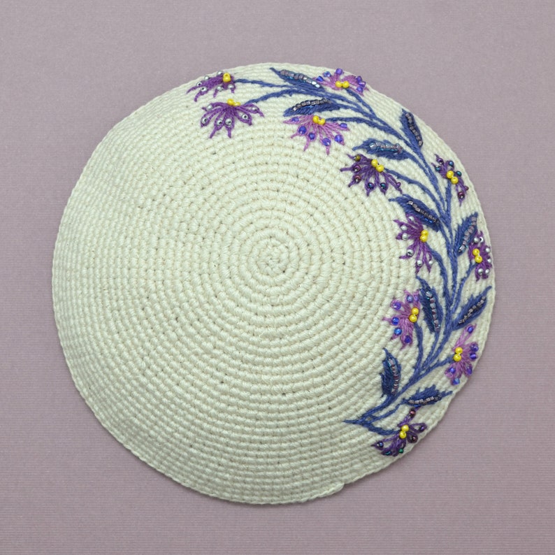 Cream & Lavender Flower Kippot, Purple Floral Womens Beaded Kippa ...
