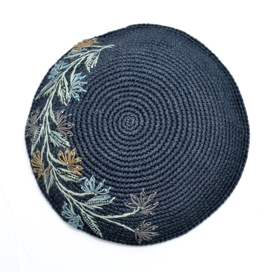 Womens Embroidered Floral Kippot - Charcoal Gray Blue Crochet and ...