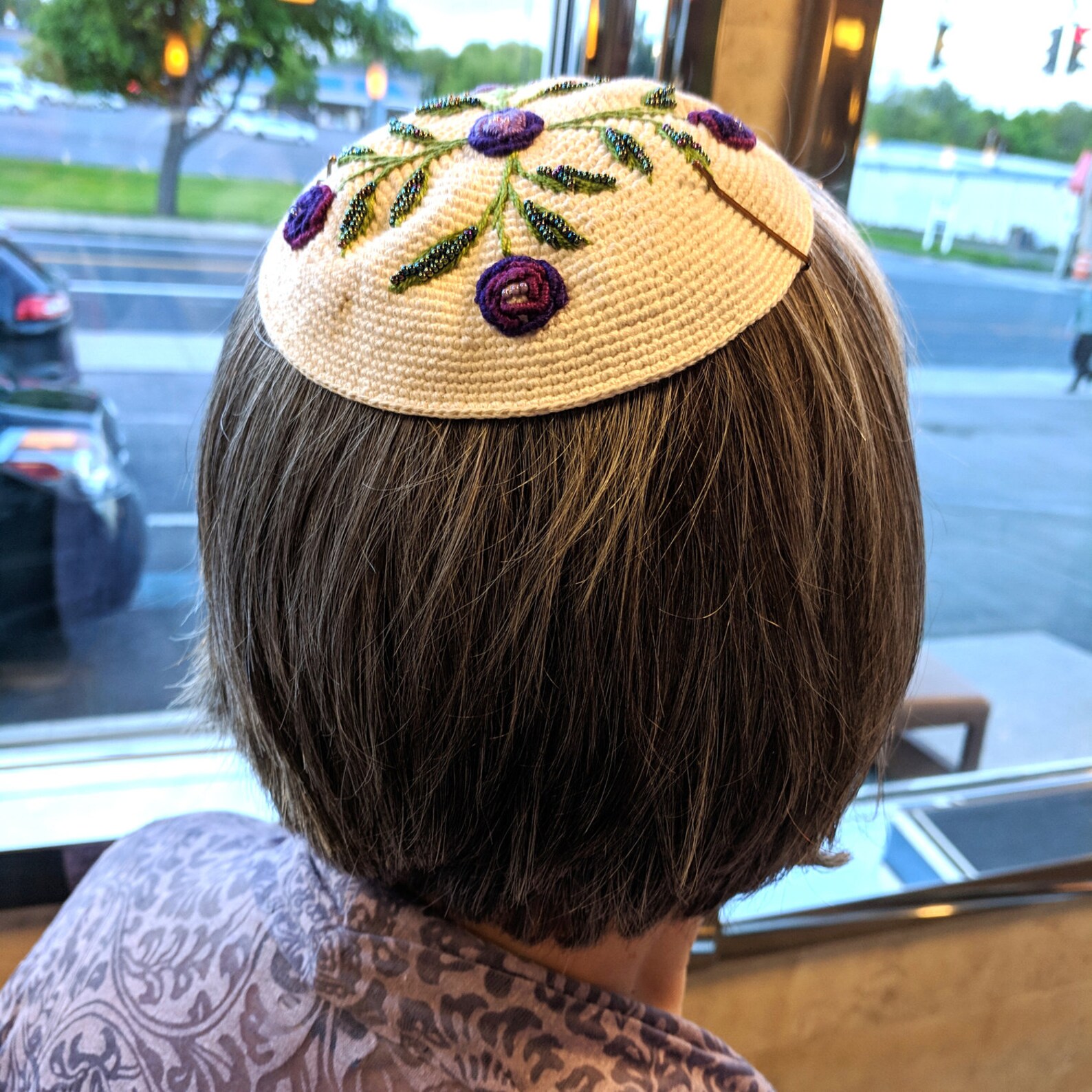 Purple Embroidered Crochet & Beaded Kippa for Women, Cream Color With ...