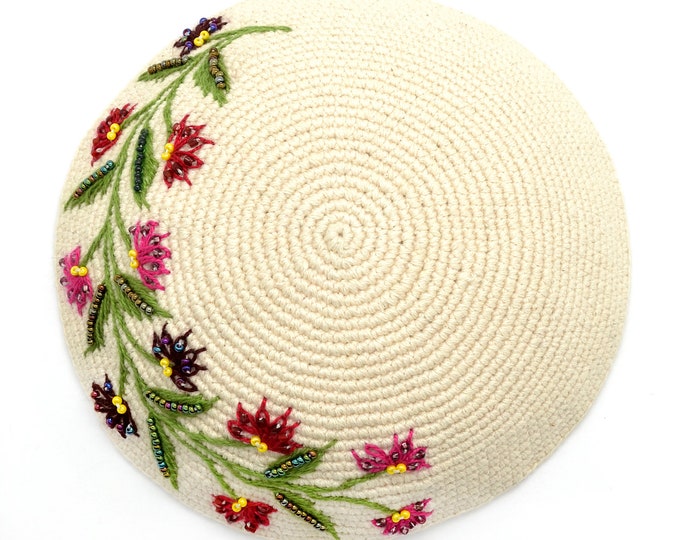 Floral Womens Kippot Cream White and Red Crochet & Beaded Kippa, Womens ...