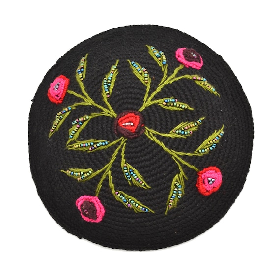 Black Ladies Kippah With Embroidered & Beaded Red Roses | Etsy