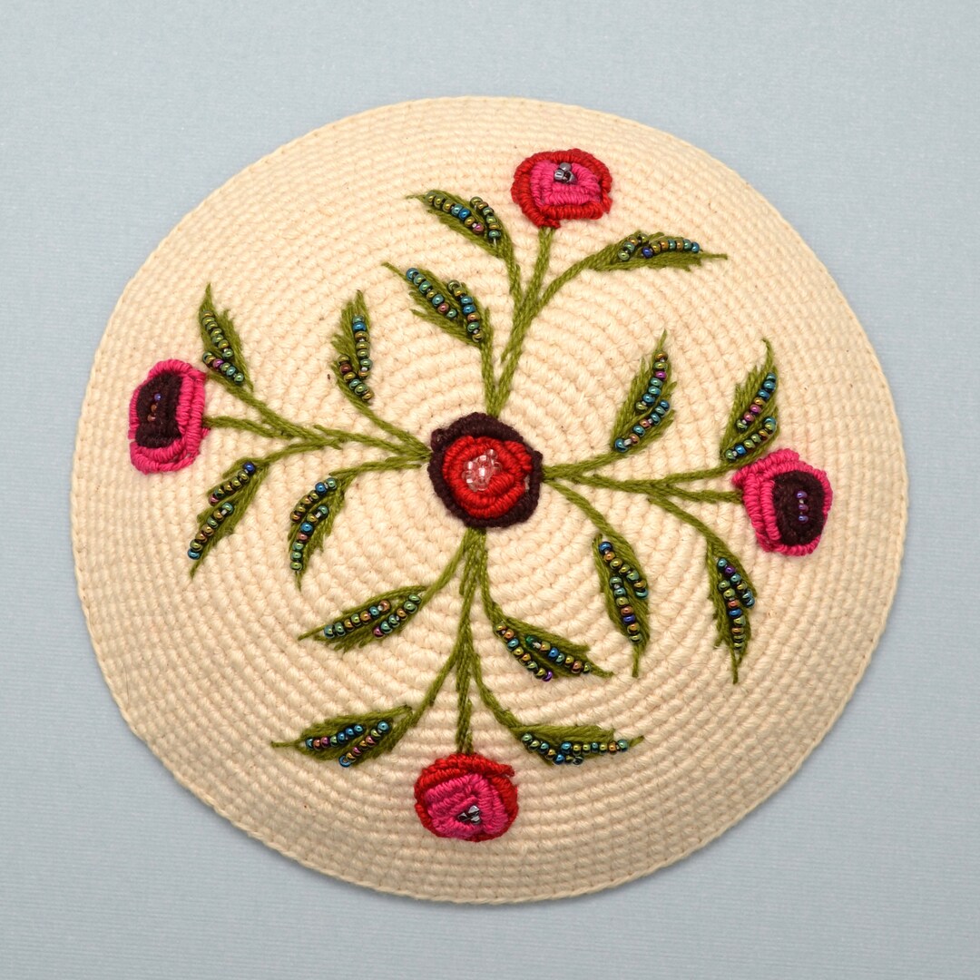 Cream Beaded & Crochet Womens Kippa, White Kippah With Embroidered Red ...